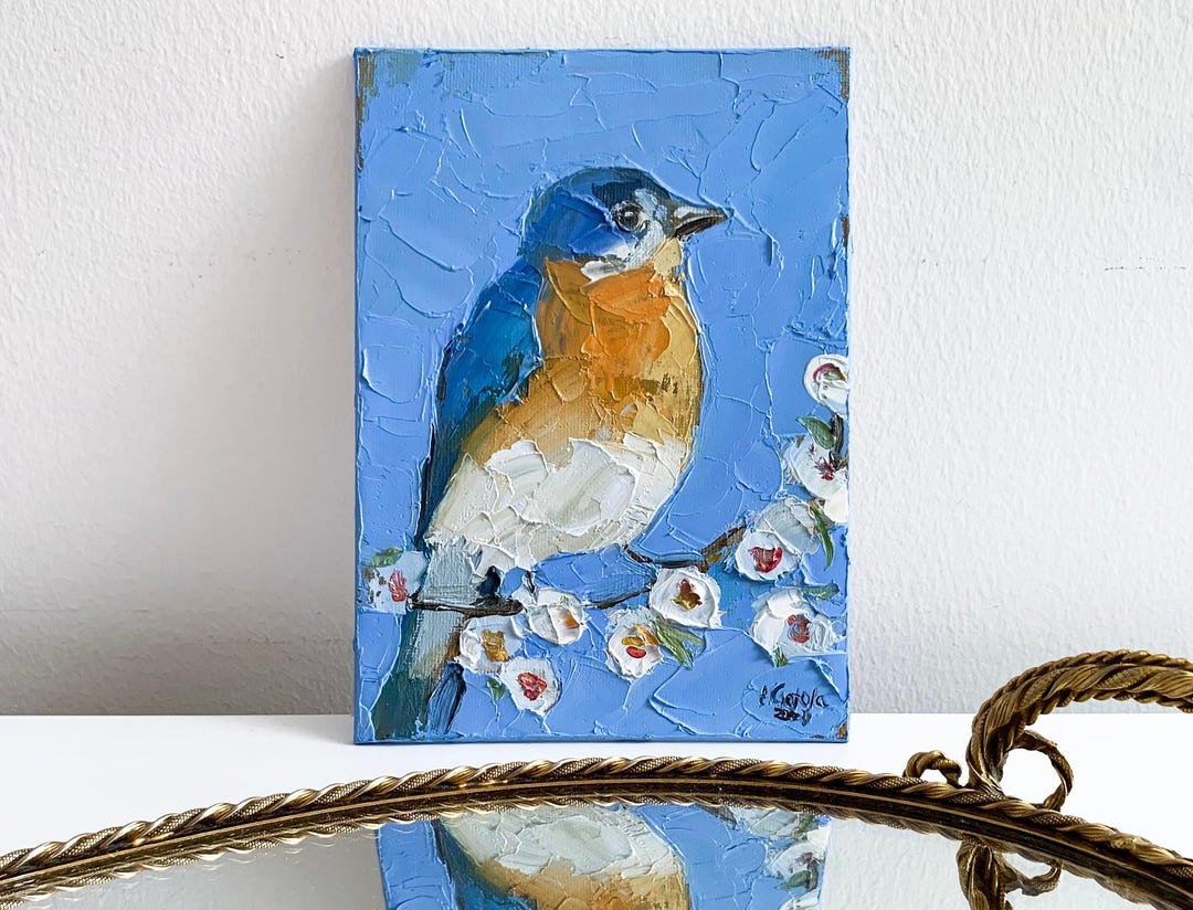 Bluebird Oil Painting: Miniature Bird Art, Kitchen Wall Decor - Etsy