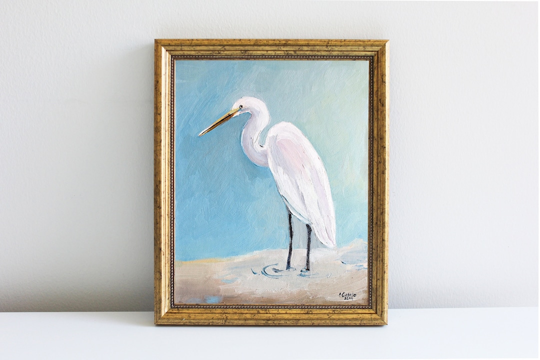 Great White Egret Original Oil Painting Egret Art Bird Wall Art Coastal ...