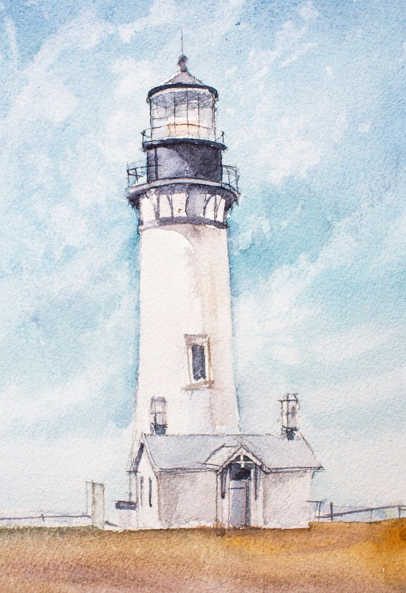 Lighthouse Painting Original Watercolor Art Landscape Yaquina | Etsy