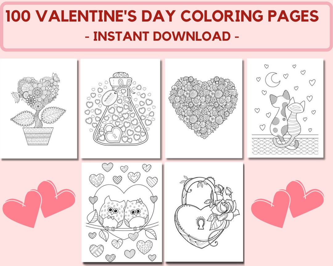 Valentine's Day Coloring Pages for Kids, 100 Printable Sheets, Instant ...