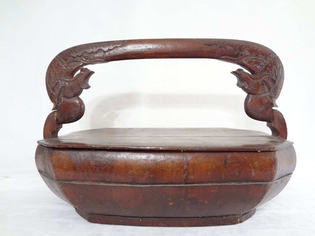 Large 17 Inch Antique Chinese Rice Basket/caddy With Carved Folding ...