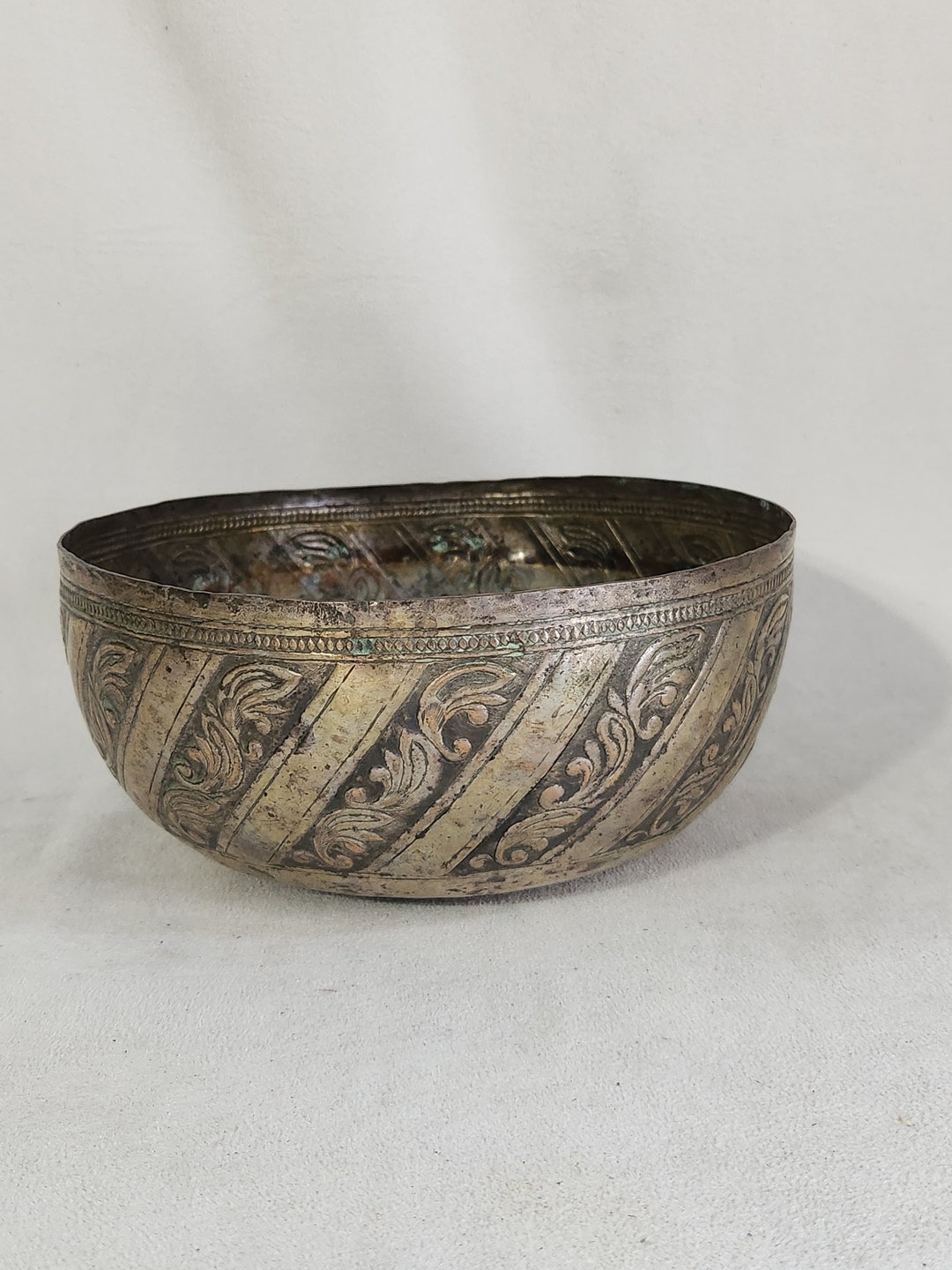 Vintage Hand Chased Tin Bowl With Flower Frog - Etsy