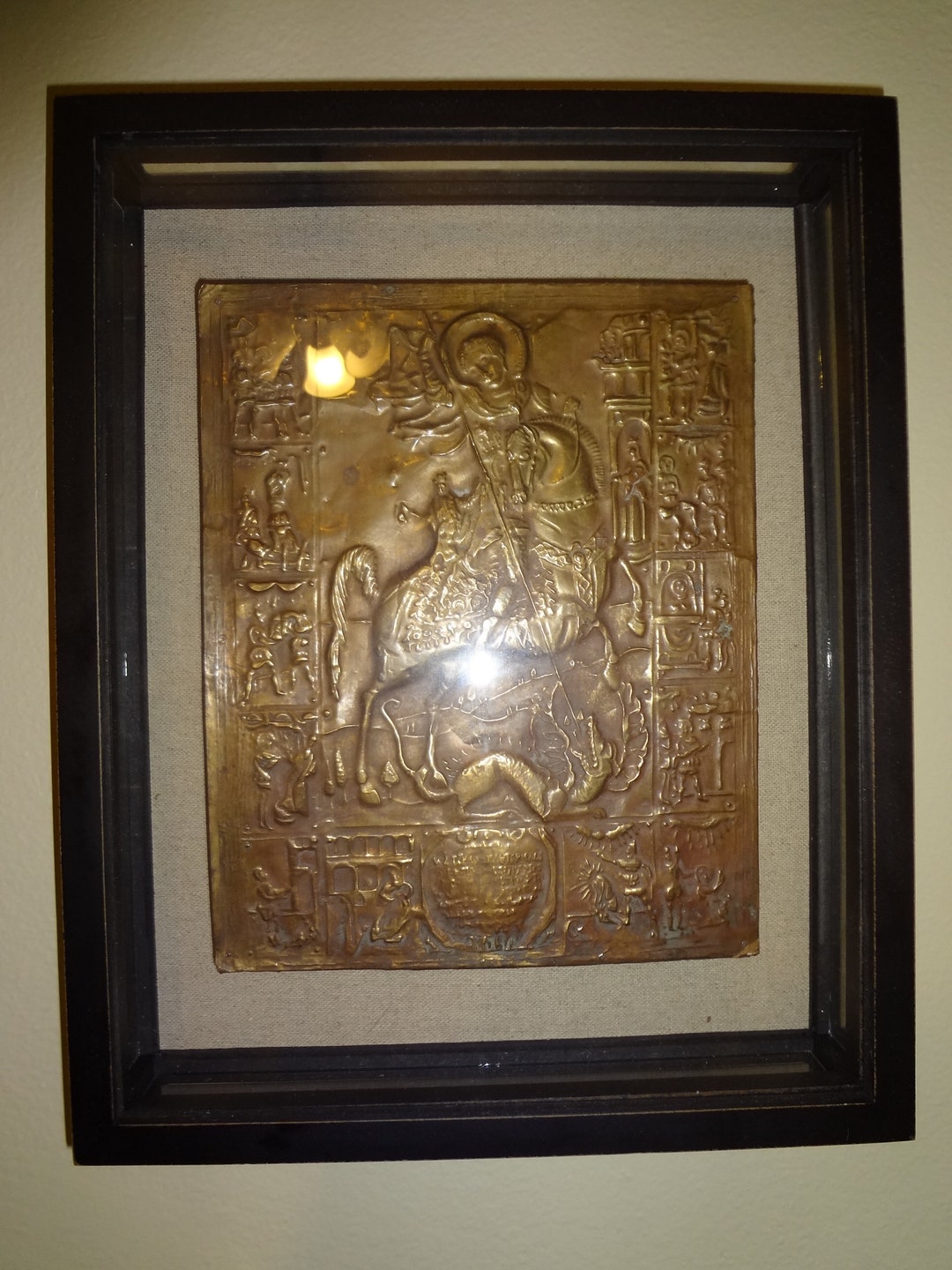 Antique 19th Century Hammered Copper Religious Icon Mounted in a Shadow ...
