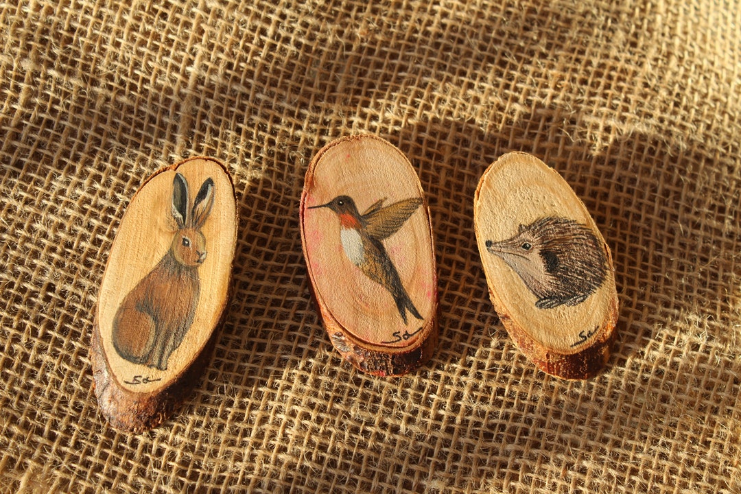 Handpainted Wood Slice Wooden Brooch Pin, Nature Wild Forest Animals ...