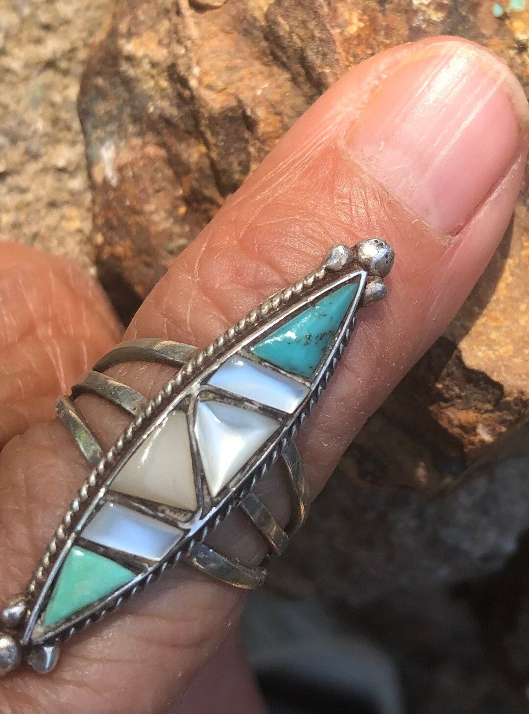 Vintage Native American Inlay Sterling Ring, Likely Zuni, Turquoise ...