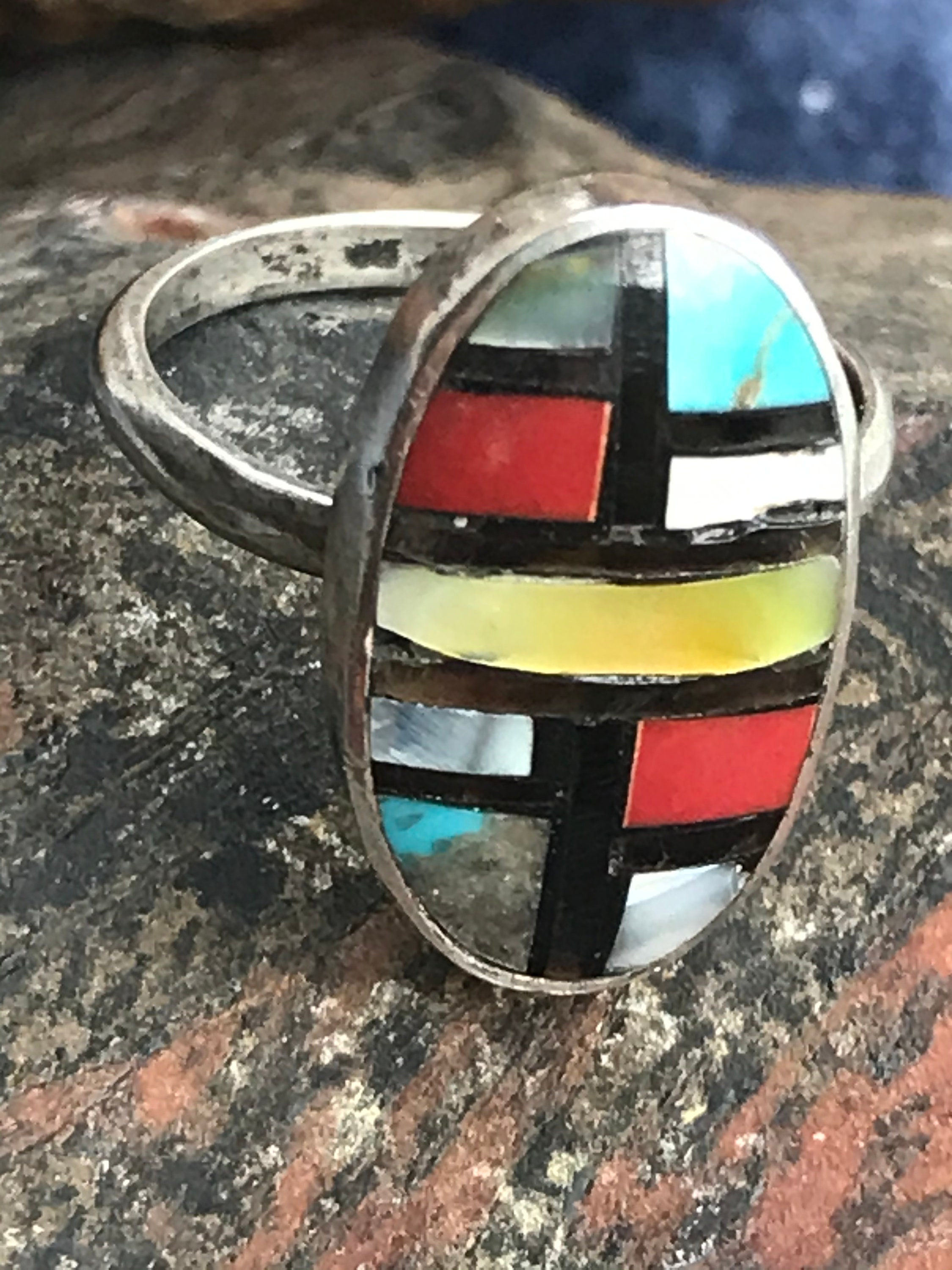 Vintage Zuni Inlay Ring, Sterling, Artisan Stone to Stone Inlay ...