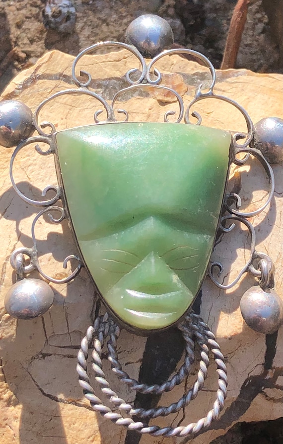Early Mexico Carved Jade Aztec Warrior Sterling Brooc… - Gem