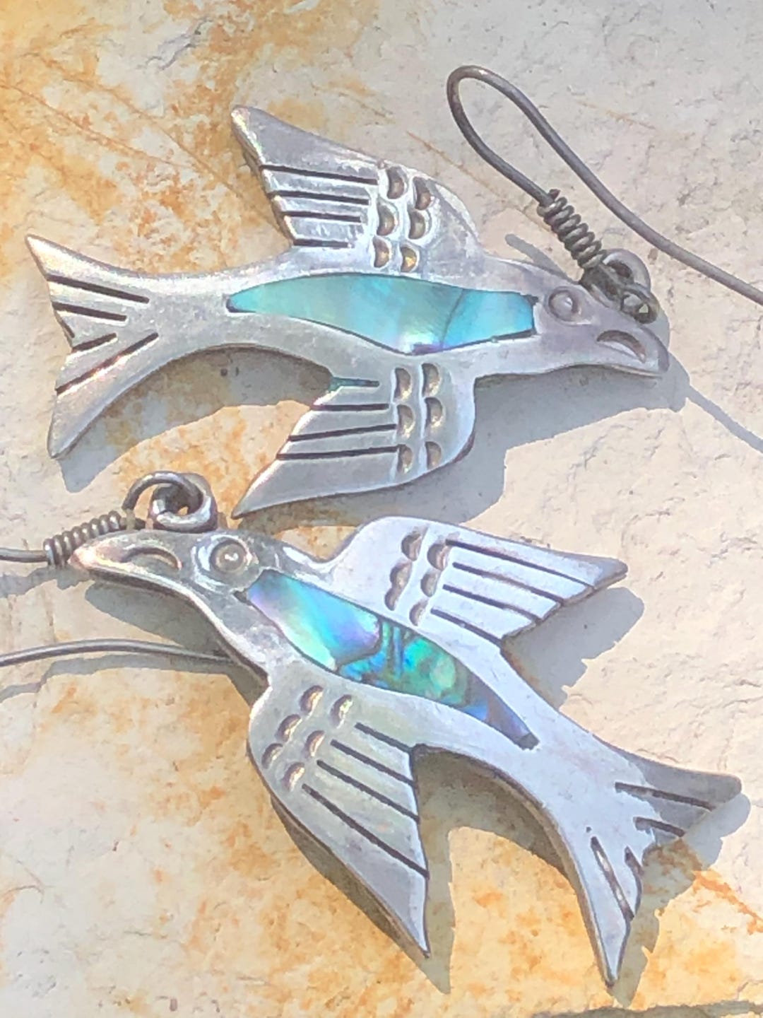 Large Melisio Rodriguez Abalone Raven Sterling Earrings, Early Mexico ...