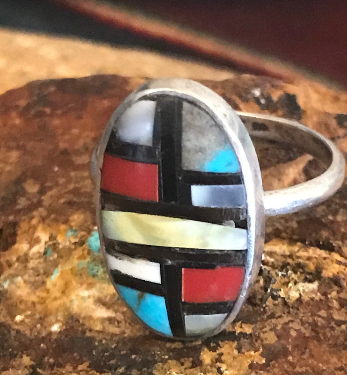 Vintage Zuni Inlay Ring, Sterling, Artisan Stone to Stone Inlay ...