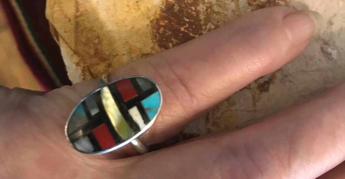 Vintage Zuni Inlay Ring, Sterling, Artisan Stone to Stone Inlay ...