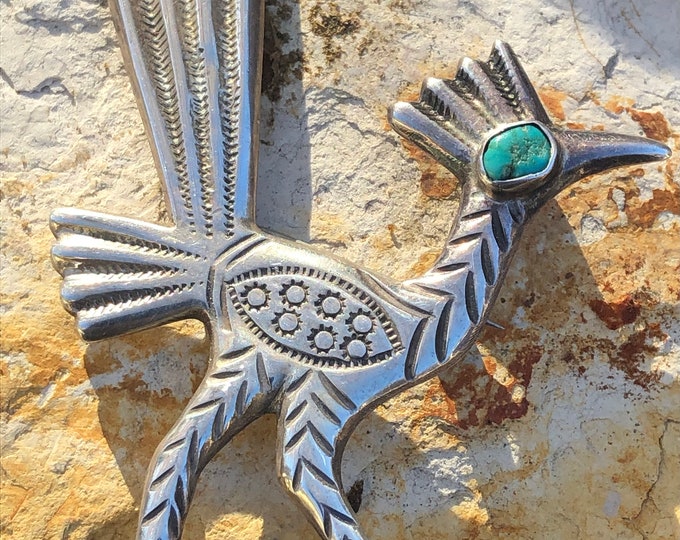 Large Roadrunner, Navajo Hand Stamp Style Sterling Turquoise Brooch Pin ...