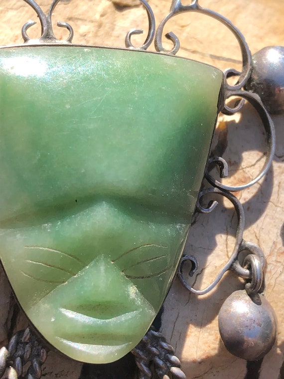 Early Mexico Carved Jade Aztec Warrior Sterling Brooc… - Gem