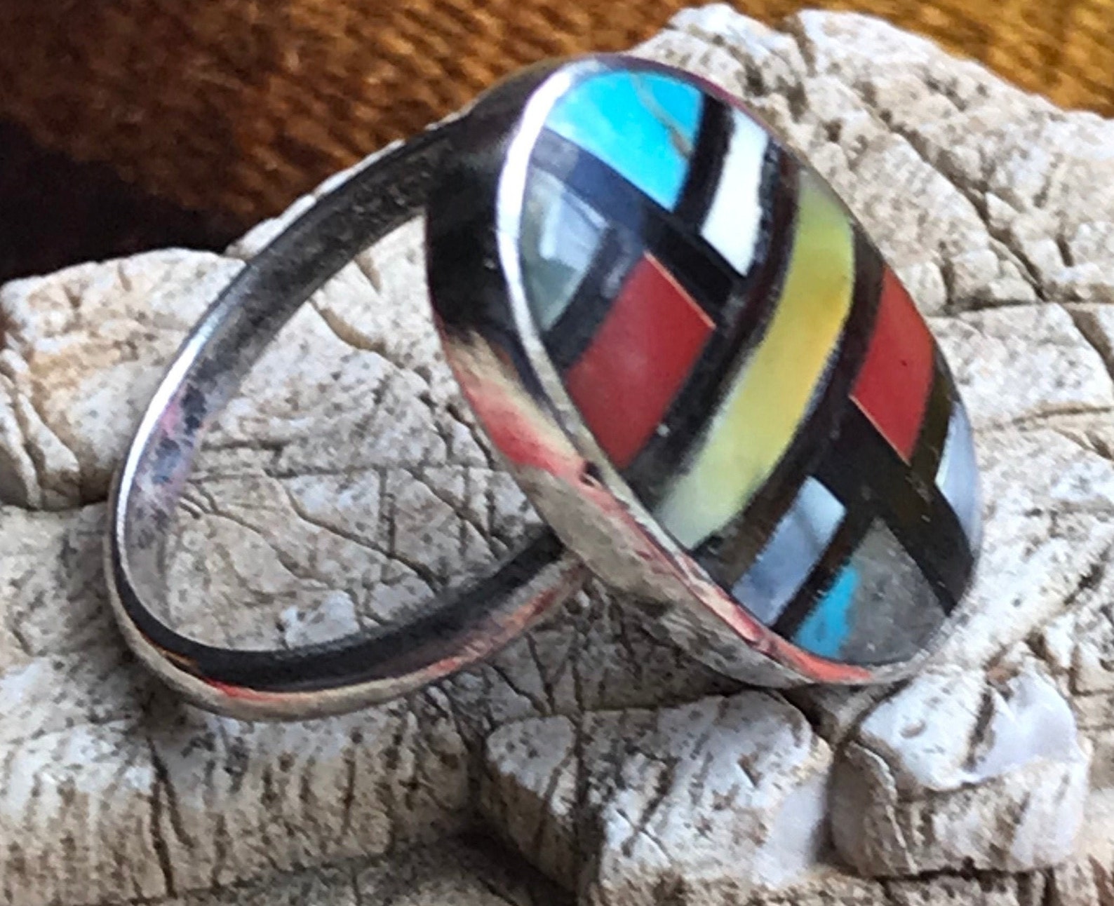 Vintage Zuni Inlay Ring, Sterling, Artisan Stone to Stone Inlay ...