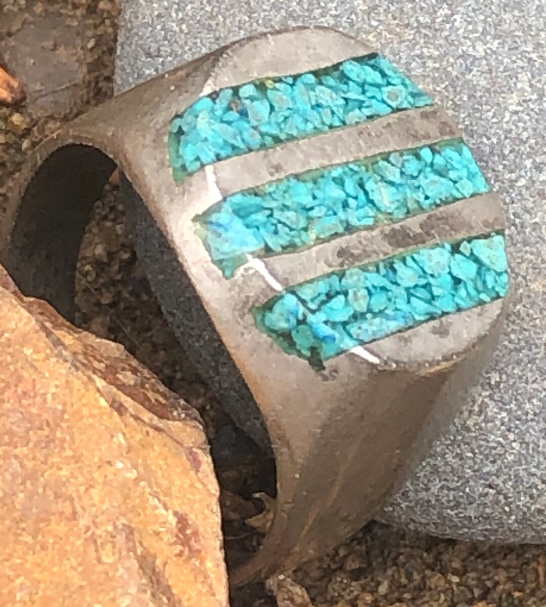 Vintage Sterling Turquoise Chip Inlay Ring, Size 11-1/4 Men's Ring ...