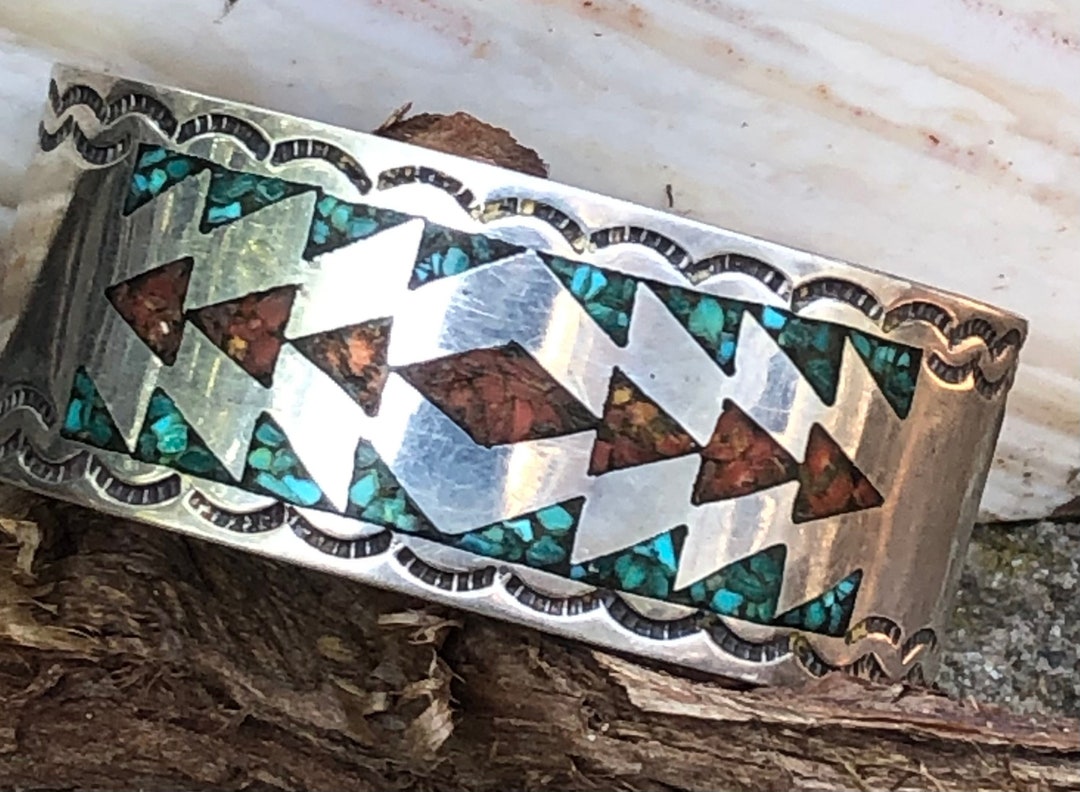 Vintage Navajo Chip Inlay Turquoise Coral Sterling Cuff Bracelet, Hand ...