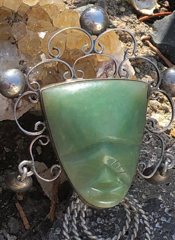 Early Mexico Carved Jade Aztec Warrior Sterling Brooc… - Gem