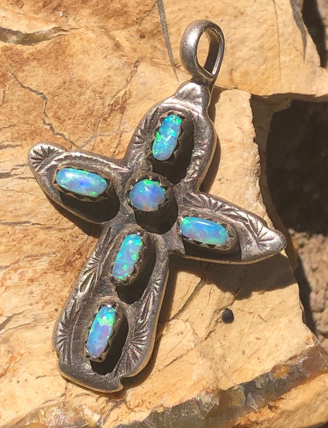 Zuni Cecilia Iule Sterling Opal Cross, Hand Stamped Southwest Native ...