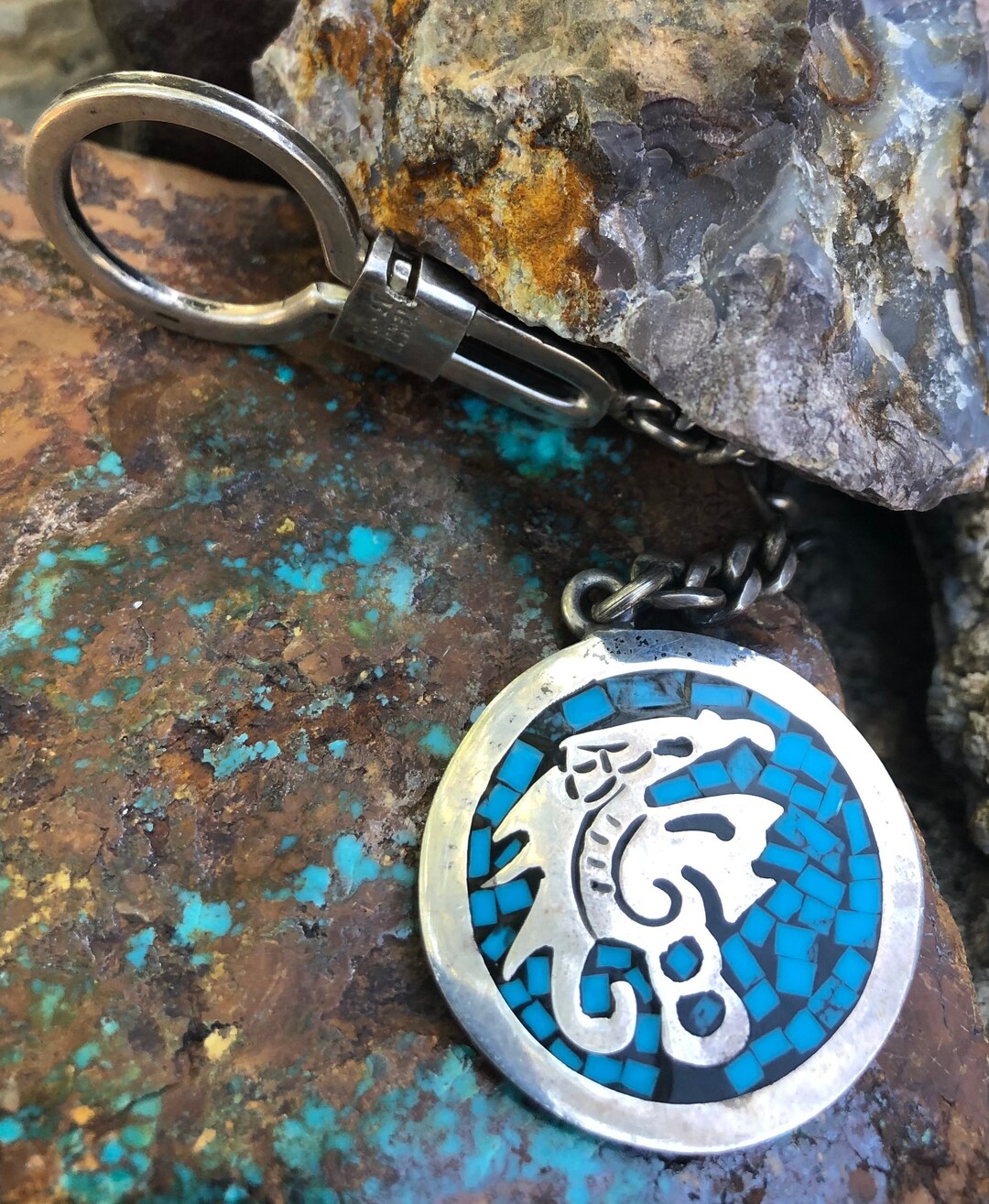 Early Taxco Turquoise Chip Sterling Keychain Fob, Aztec Warrior ...