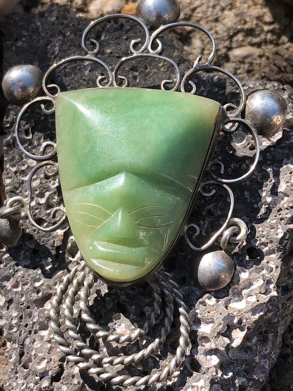 Early Mexico Carved Jade Aztec Warrior Sterling Brooc… - Gem