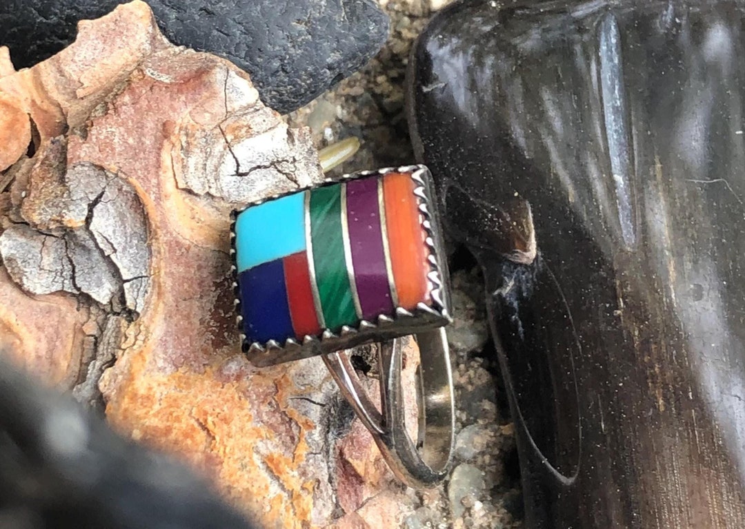Native American Inlay Ring, Sterling Turquoise Spiny Oyster Charoite ...