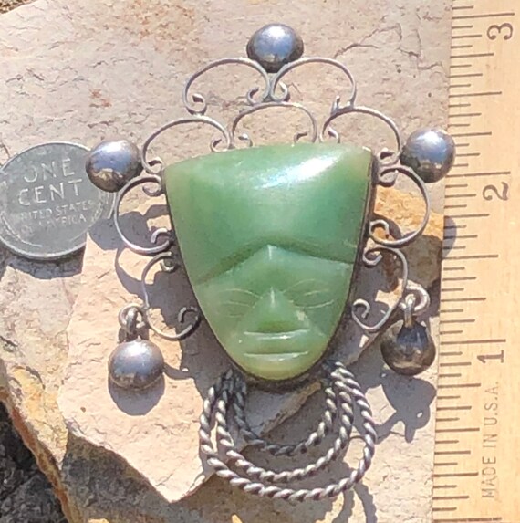 Early Mexico Carved Jade Aztec Warrior Sterling Brooc… - Gem