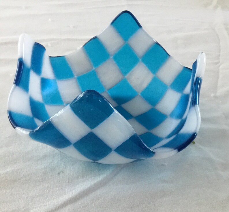 Fused Glass Art Robins Egg Blue and White Checkerboard Handkerchief ...