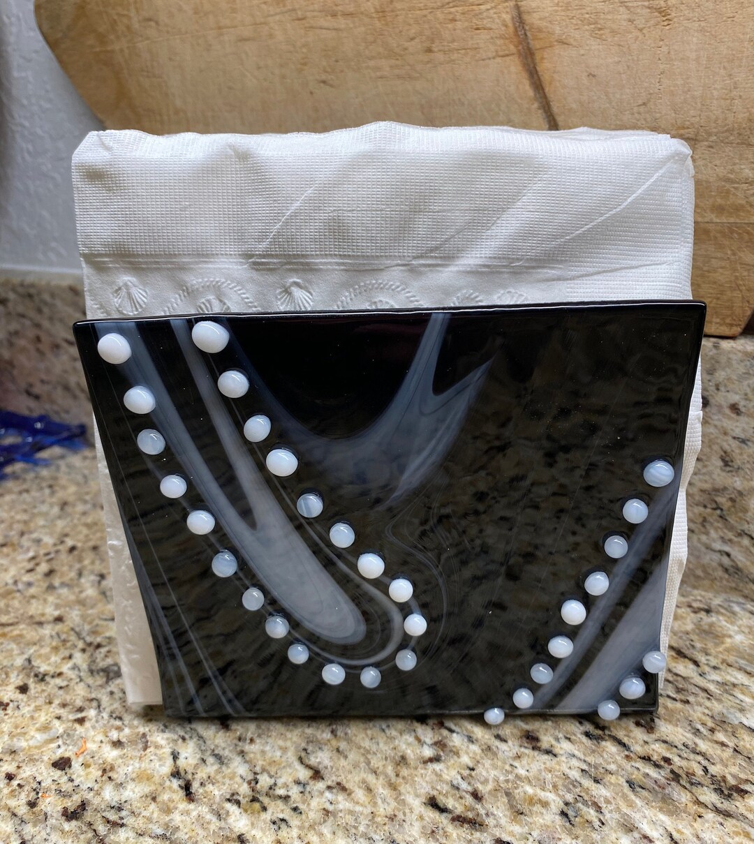 Fused Glass Art Licorice White on Black W/white Dots Napkin Holder ...