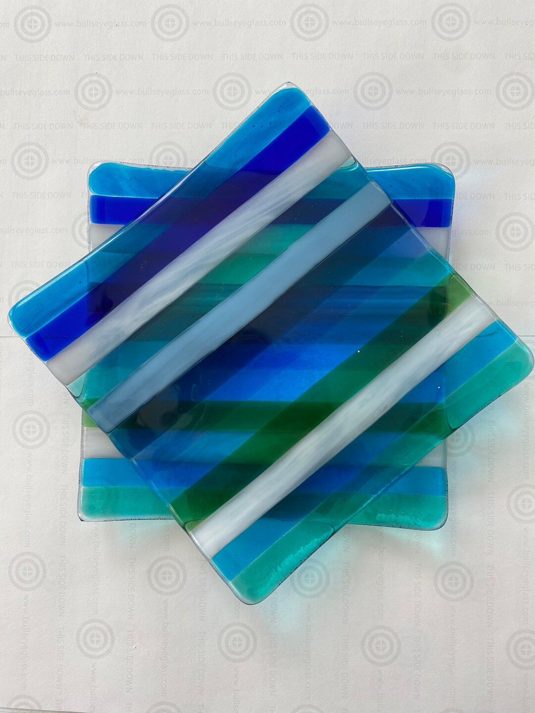 Small 6” Handmade Fused Glass Art Coastal Blue Green Plate Platter Dish ...