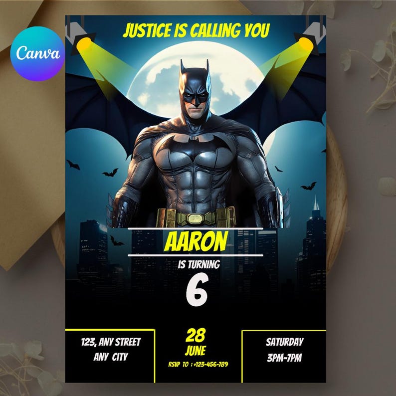 Batman Birthday Invitation, Superhero Party Invite, Printable Digital ...