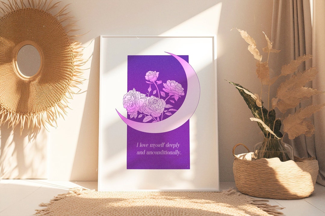 Self Love Daily Affirmation Poster, Floral Waxing Moon Print, Blooming ...