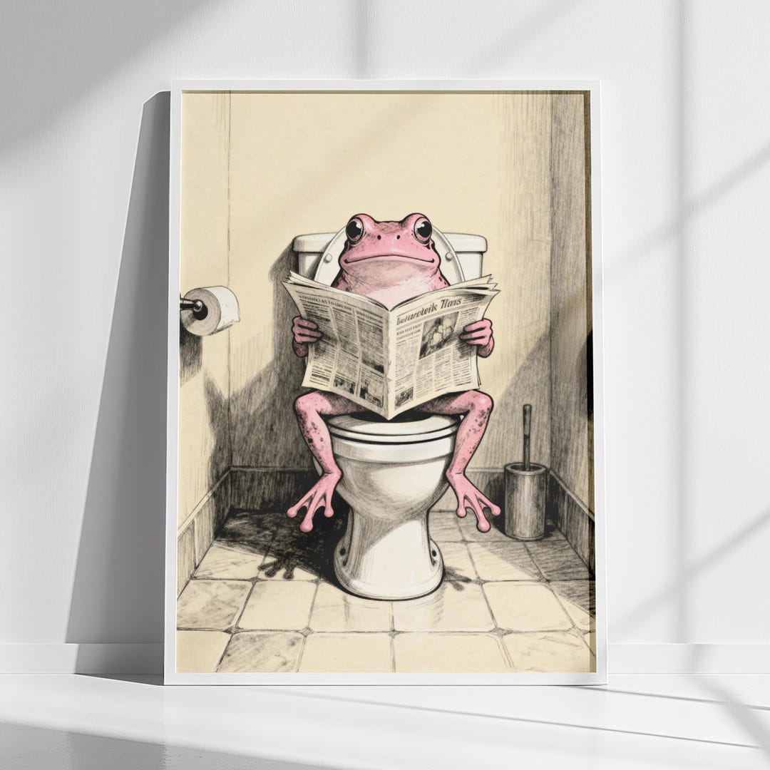 Bathroom Wall Art, Retro Funny Frog Toilet Print, Vintage Sketchbook ...
