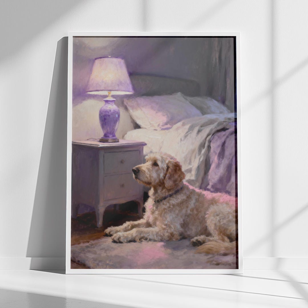 Labradoodle Dog Wall Art, Cozy Bedroom Bedside Lamp Print, Lavender ...