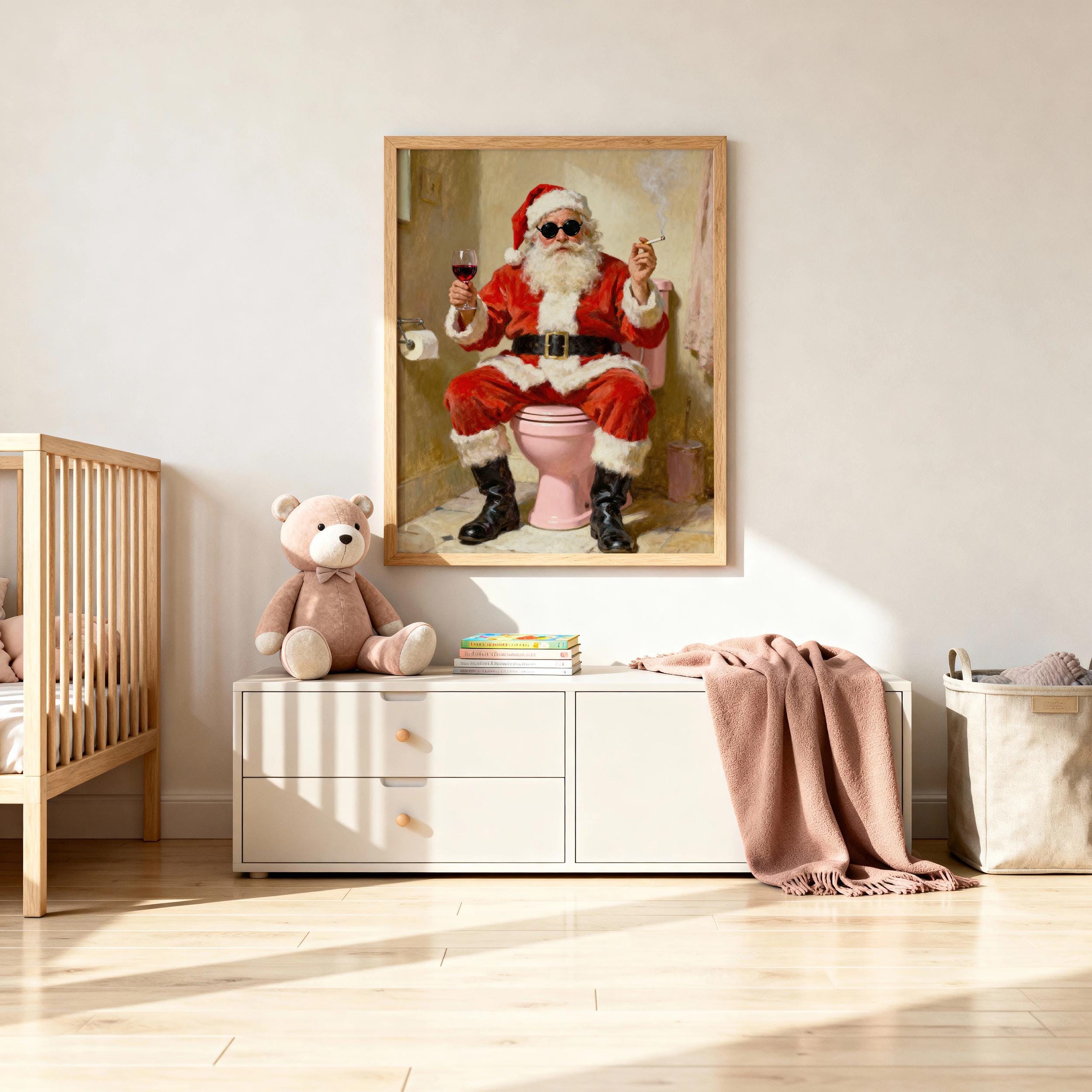 Funny Christmas Santa Bathroom Wall Art, Pink Toilet Decor, Holiday ...
