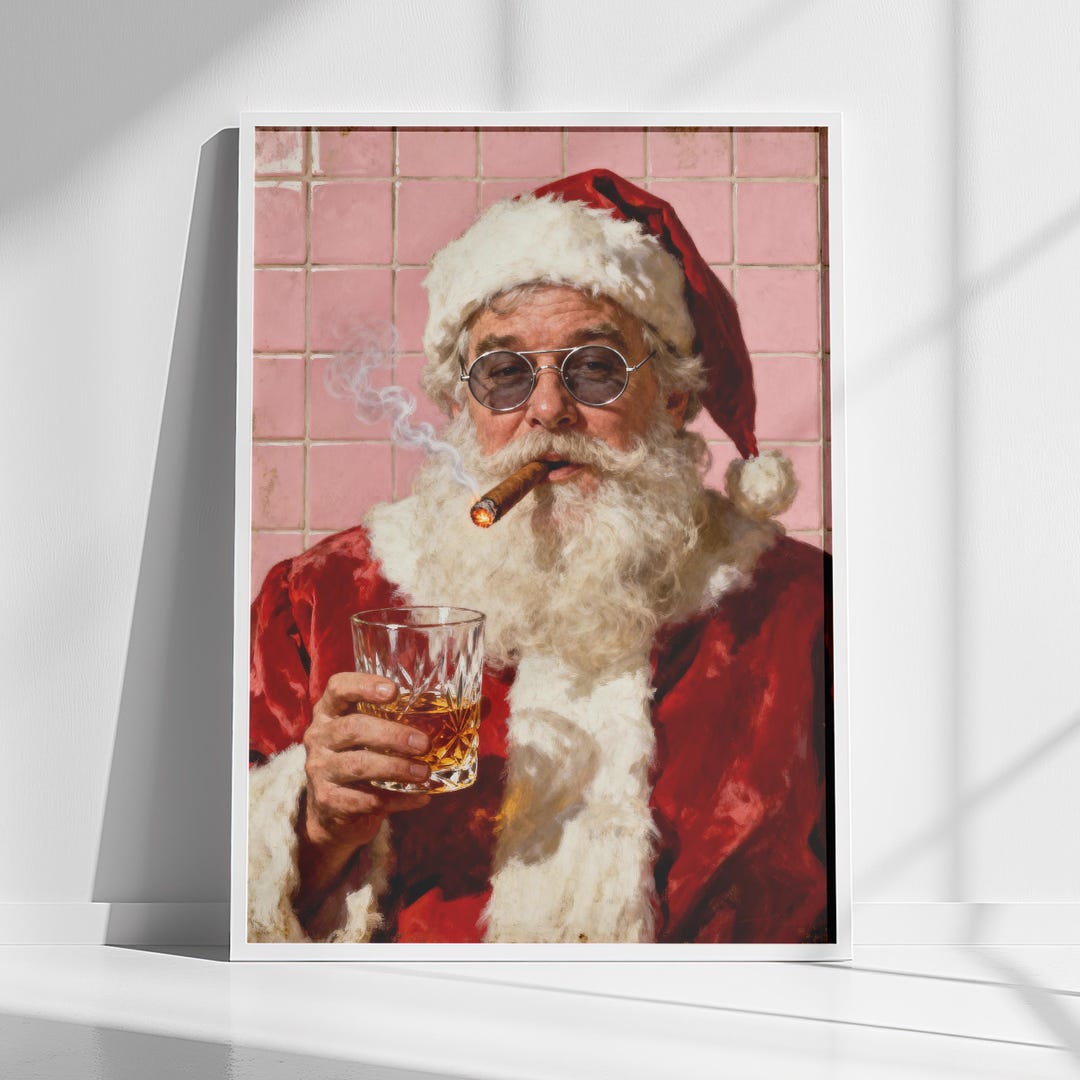 Santa Whiskey Bar Wall Art, Vintage Christmas Print, Holiday Wall Decor ...