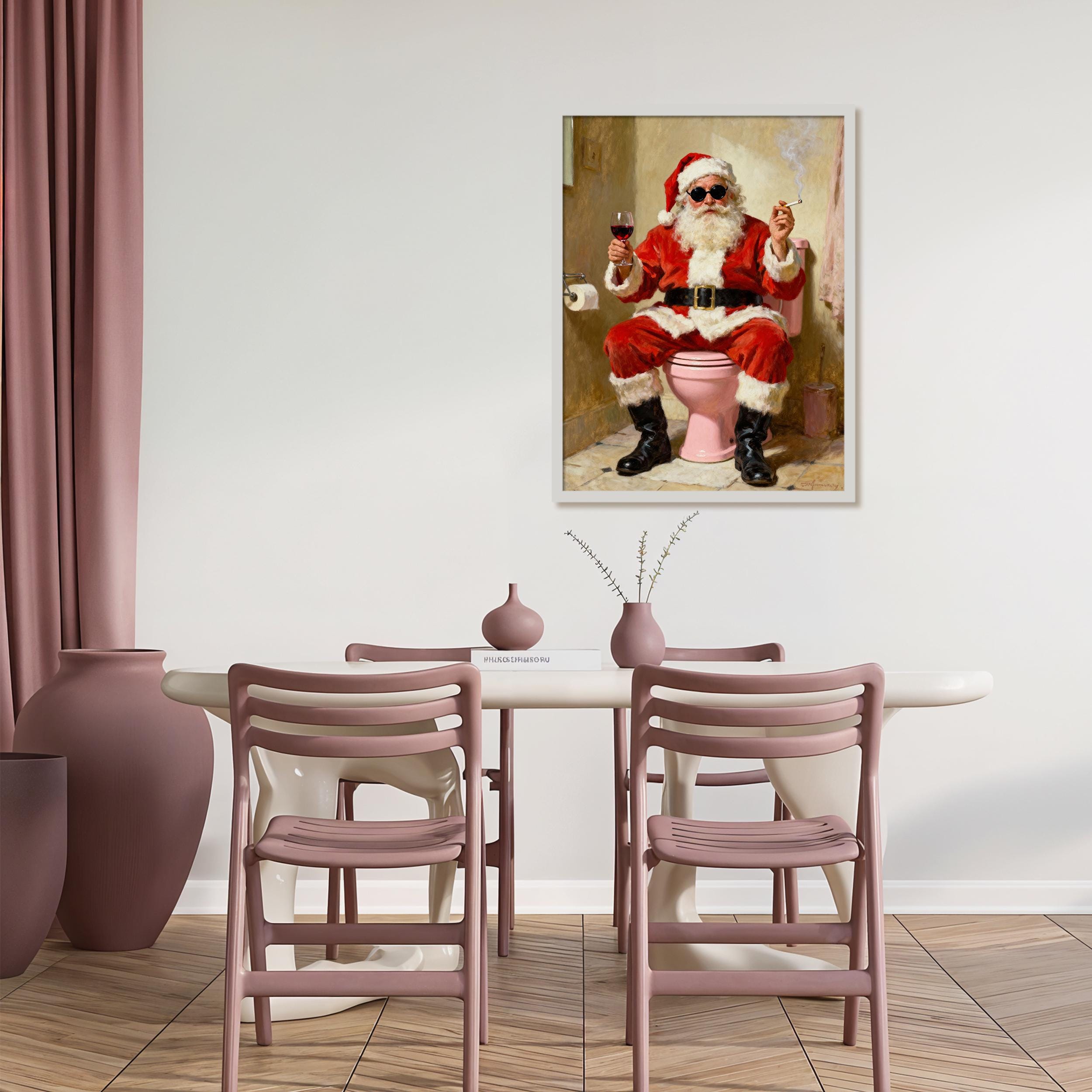 Funny Christmas Santa Bathroom Wall Art, Pink Toilet Decor, Holiday ...