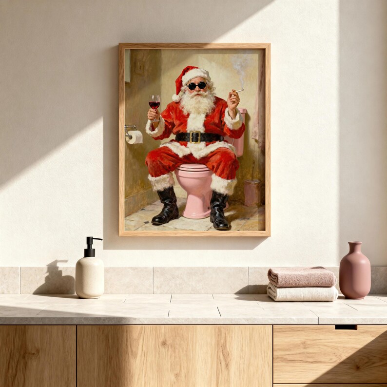 Bathroom Wall Art, Funny Christmas Santa on Pink Toilet Print (instant ...