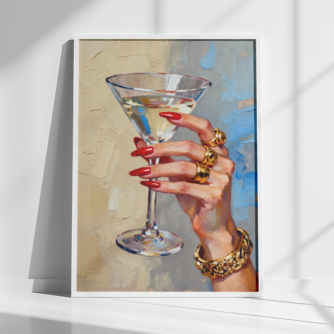 Martini Wall Art Print | Vintage Glam Cocktail Poster, Red Nails Gold ...