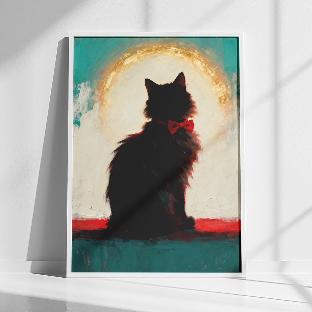 Black Cat Wall Art, Red Bow Cat Print, Whimsical Cat Lover Gift ...