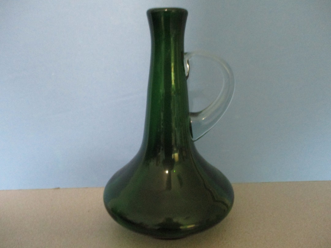 Blenko Glass Forest Green Pitcher With Clear Handle Vintage - Etsy