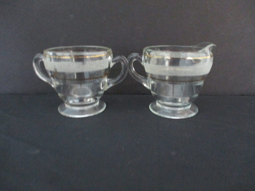 Bartlett Collins Vintage Clear Glass Footed Sugar and Creamer With Gold ...