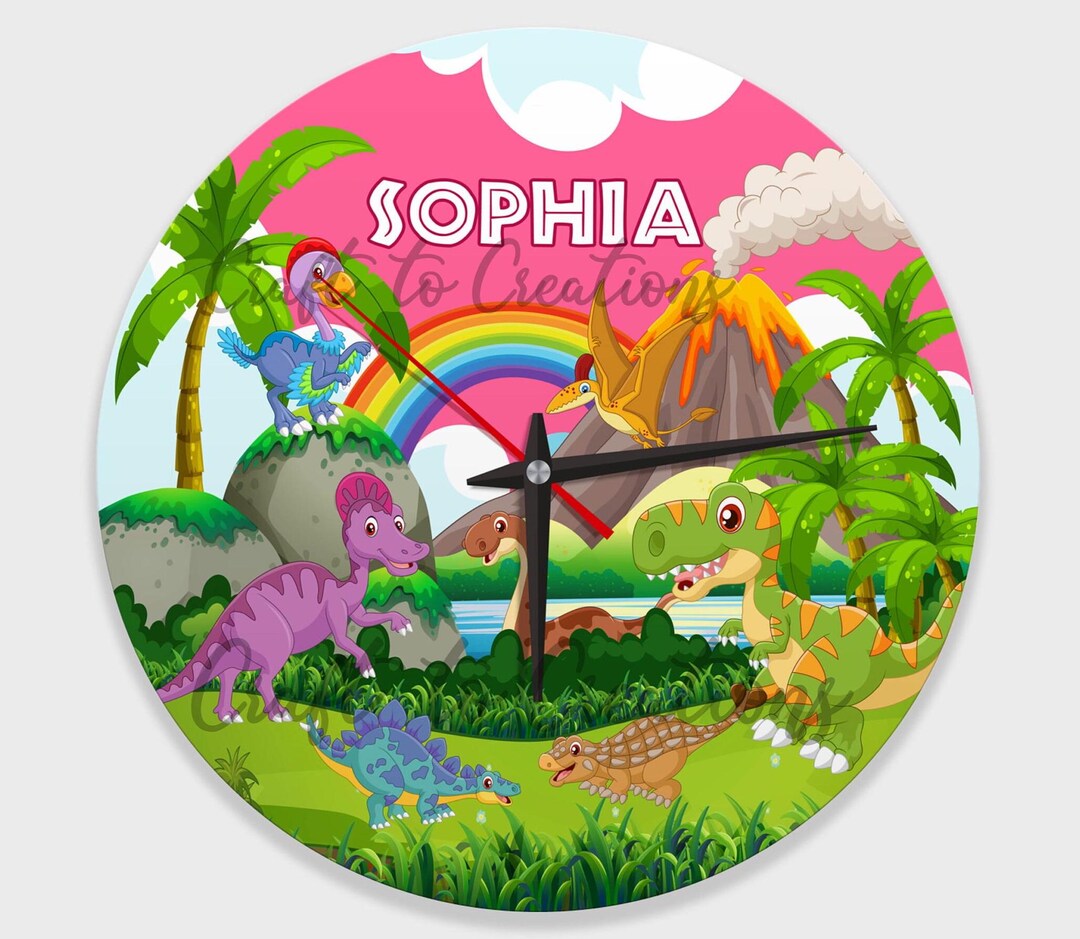 Dino Clock, Kids/childrens Glass Wall Clock With Dino Theme, Can Be ...