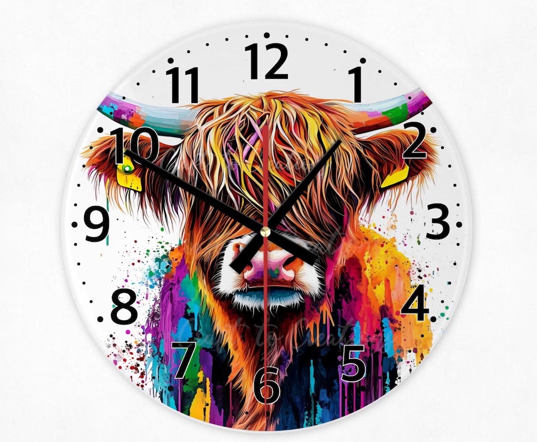 Highland Cow Head Glass Wall Clock, Kitchen Clock, Cow Wall Clock, Cow ...
