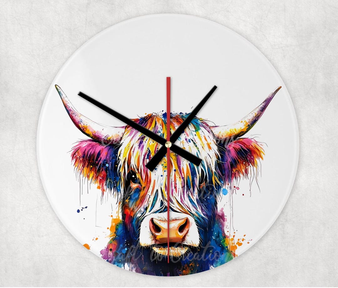 Highland Rainbow Cow Head Glass Wall Clock, Kitchen Clock, Cow Wall ...