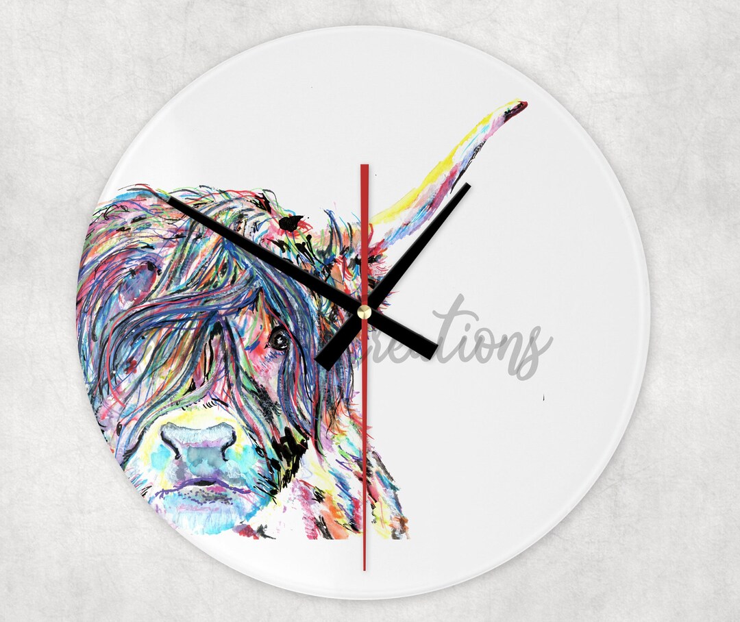 Highland Cow and Butterfly Glass Wall Clock, Kitchen Clock, Wall, Clock ...