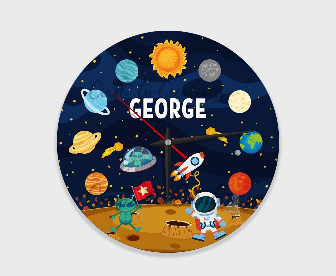 Space Clock, Kids/childrens Glass Wall Clock With Space Theme, Can Be ...