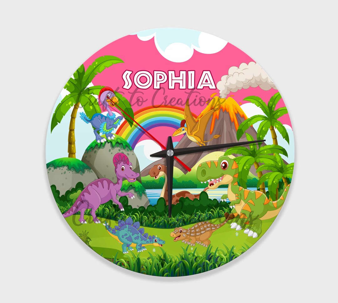 Dino Clock, Kids/childrens Glass Wall Clock With Dino Theme, Can Be ...