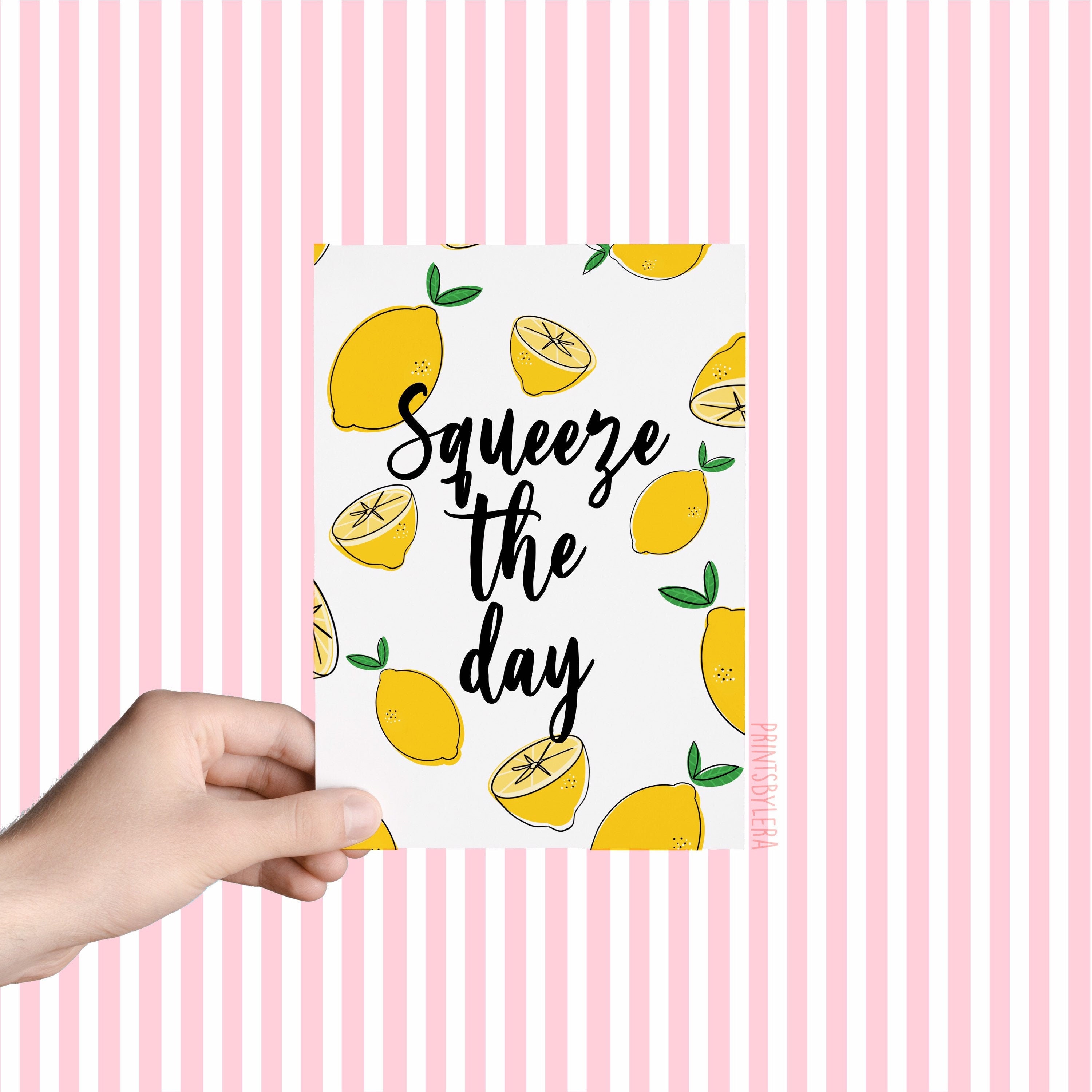 Squeeze the Day Lemon Pattern Typography Art Print Home Decor Unframed ...