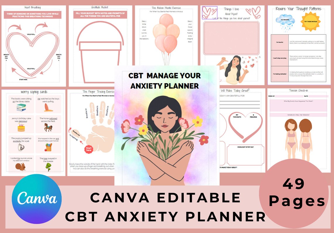 Canva Planner Template Editable CBT Anxiety Workbook CBT Worksheets DBT ...