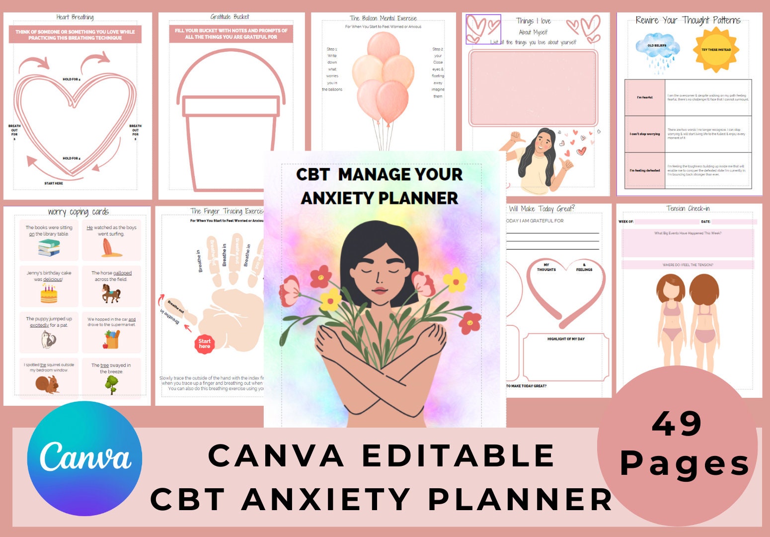 Canva Planner Template Editable CBT Anxiety Workbook CBT Worksheets DBT ...