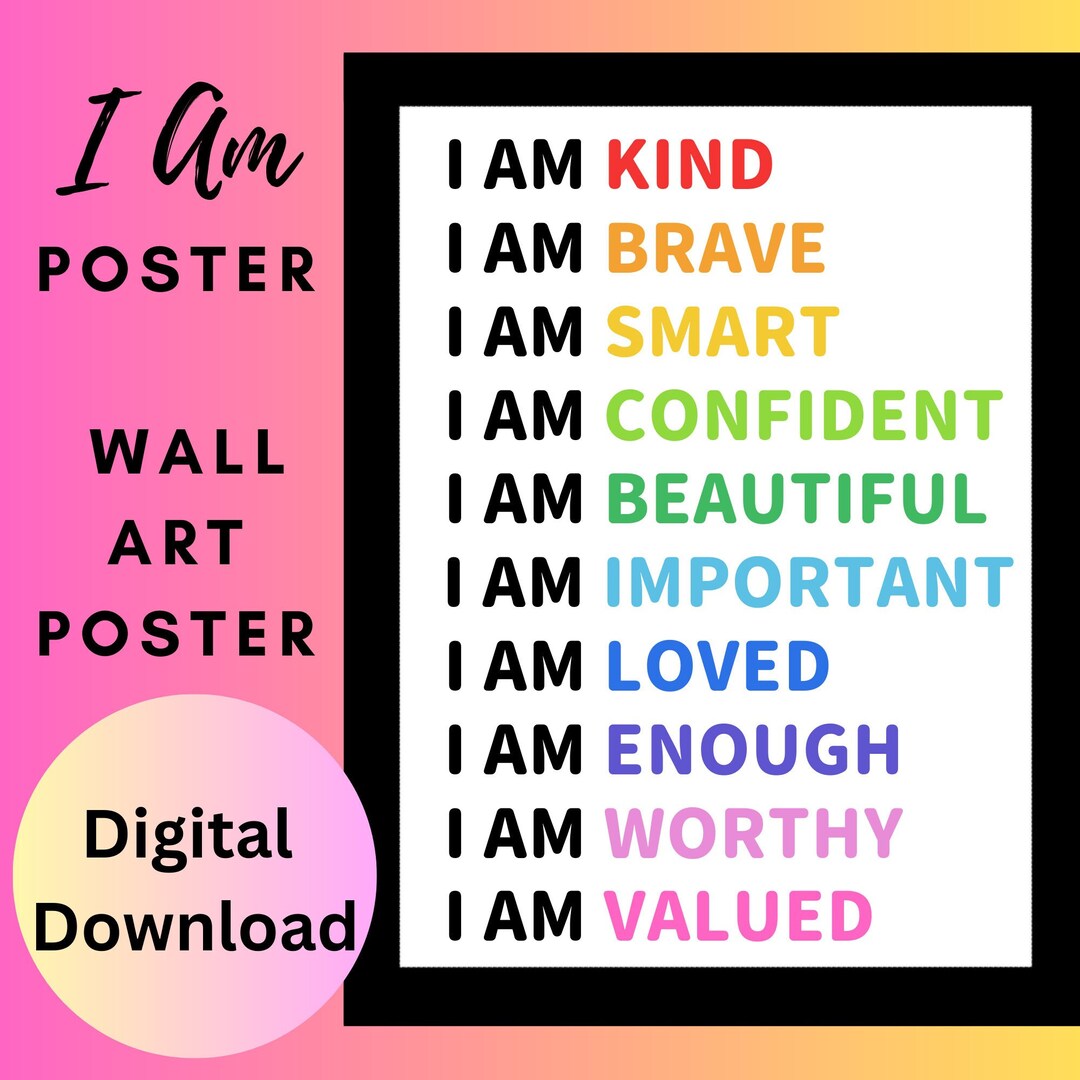 I Am Affirmations Poster, I Am Kind Smart Loved, Wall Affirmations ...